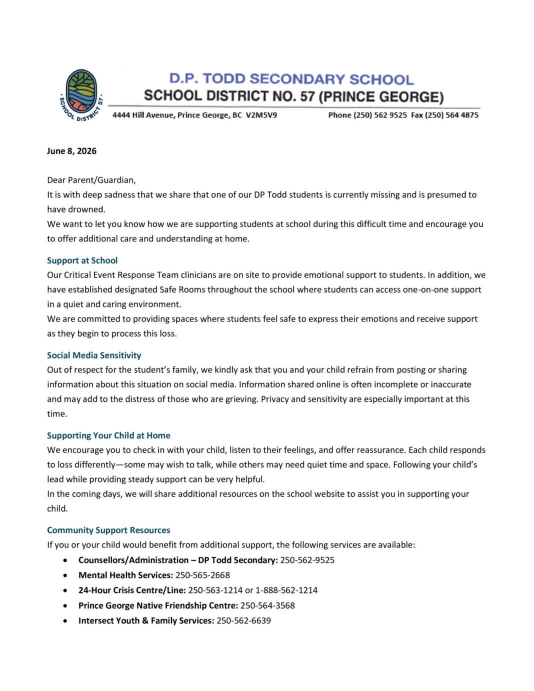 Update: A Prince George high school student is presumed drowned ...